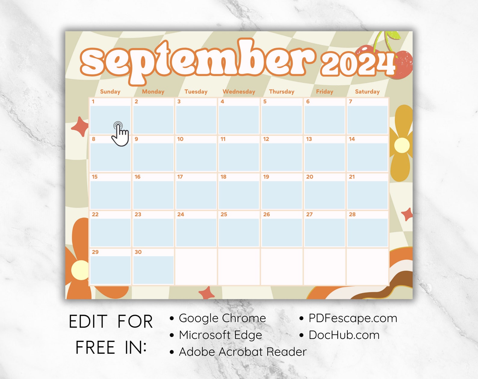 Editable September 2024 Calendar Printable, Retro September 2024 ...