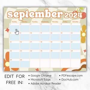 Editable September 2024 Calendar Printable, Retro September 2024 ...