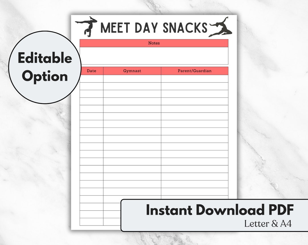 Editable Gymnastics Snack Sign up Sheet, Game Day Snacks Sign up Sheet ...