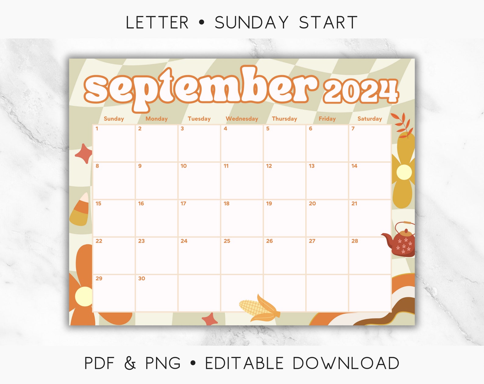 Editable September 2024 Calendar Printable, Retro September 2024 ...