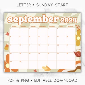 Editable September 2024 Calendar Printable, Retro September 2024 ...