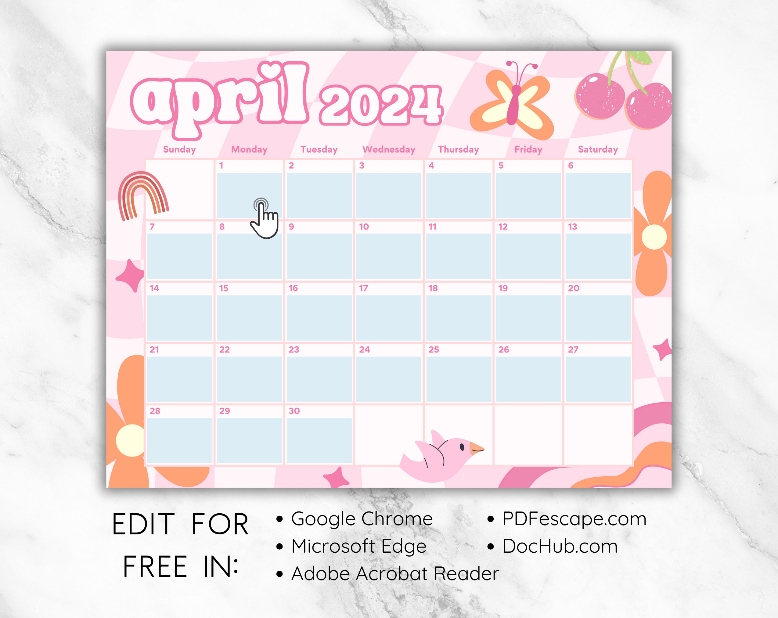Editable April 2024 Calendar Printable, Retro April 2024 Printable ...