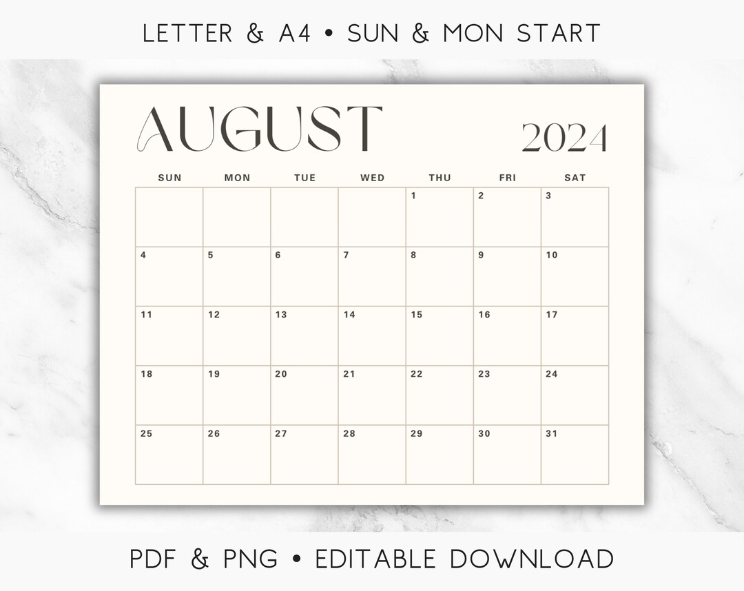 Editable August 2024 Calendar Printable, Simple Modern August 2024 ...