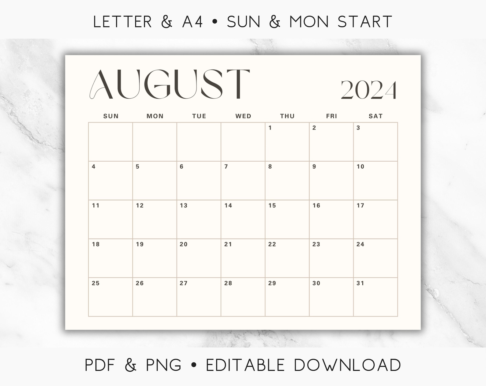 Editable August 2024 Calendar Printable, Simple Modern August 2024 ...