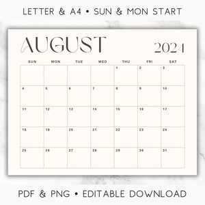 Editable August 2024 Calendar Printable, Simple Modern August 2024 ...