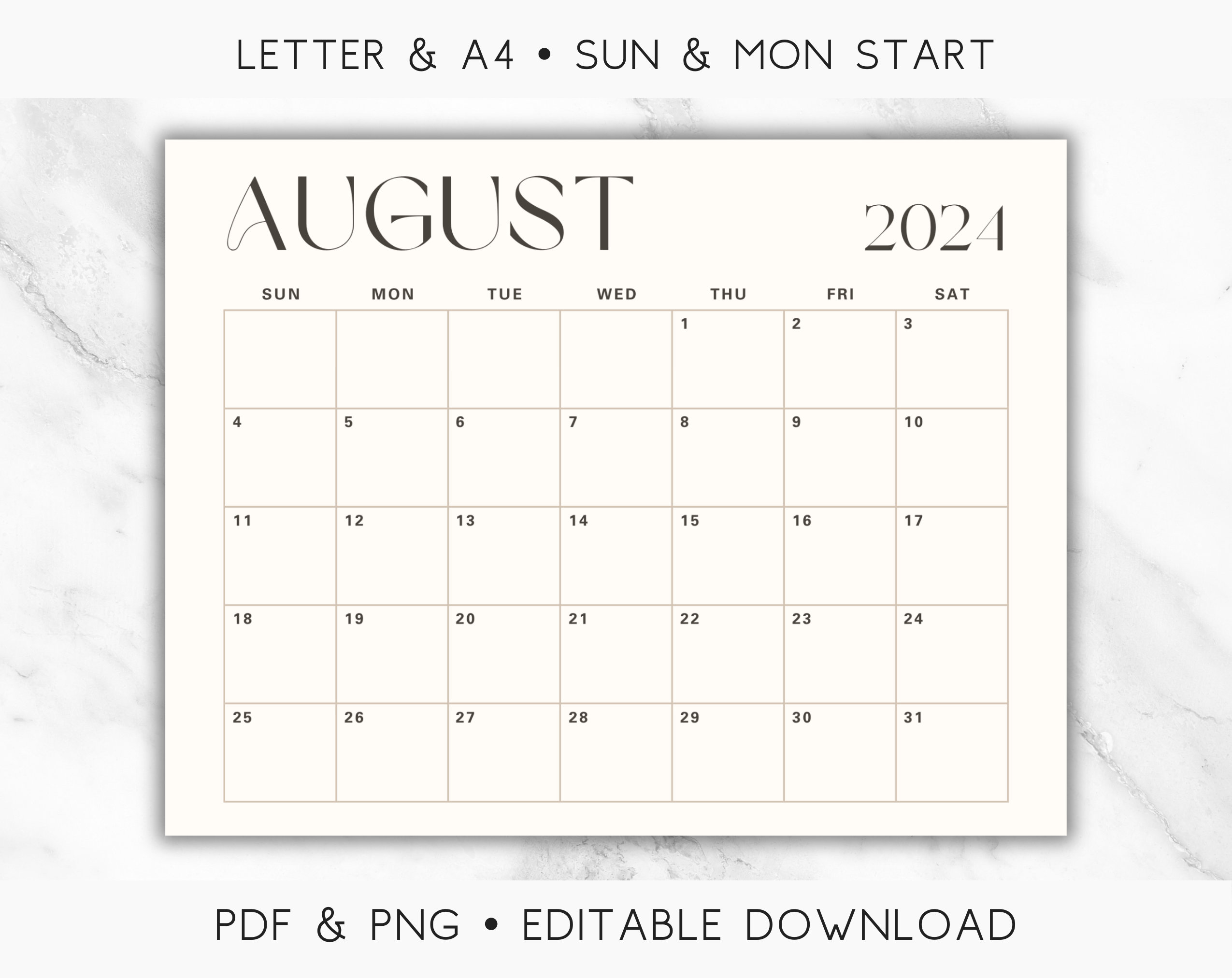 Editable August 2024 Calendar Printable, Simple Modern August 2024 ...