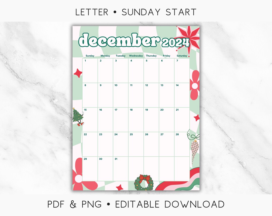 Editable December 2024 Calendar Printable, Retro December 2024 ...