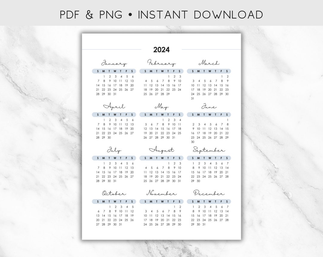 Printable One Page 2024 Year Calendar, Blue, Letter, A4, Sunday Start ...