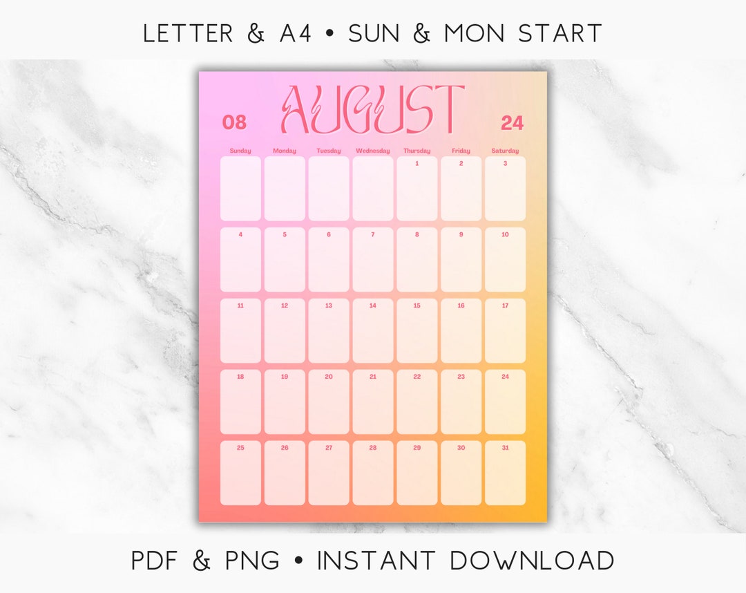 Editable August 2024 Calendar Printable, Retro Groovy August 2024 ...