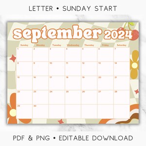 Editable September 2024 Calendar Printable, Retro September 2024 ...