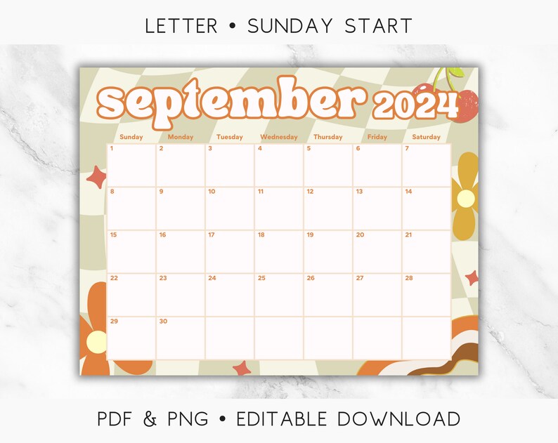 Editable September 2024 Calendar Printable, Retro September 2024 ...