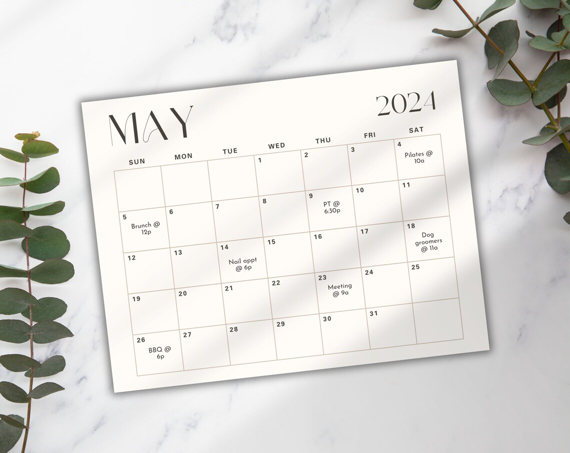 Editable May 2024 Calendar Printable, Simple Modern May 2024 Printable ...