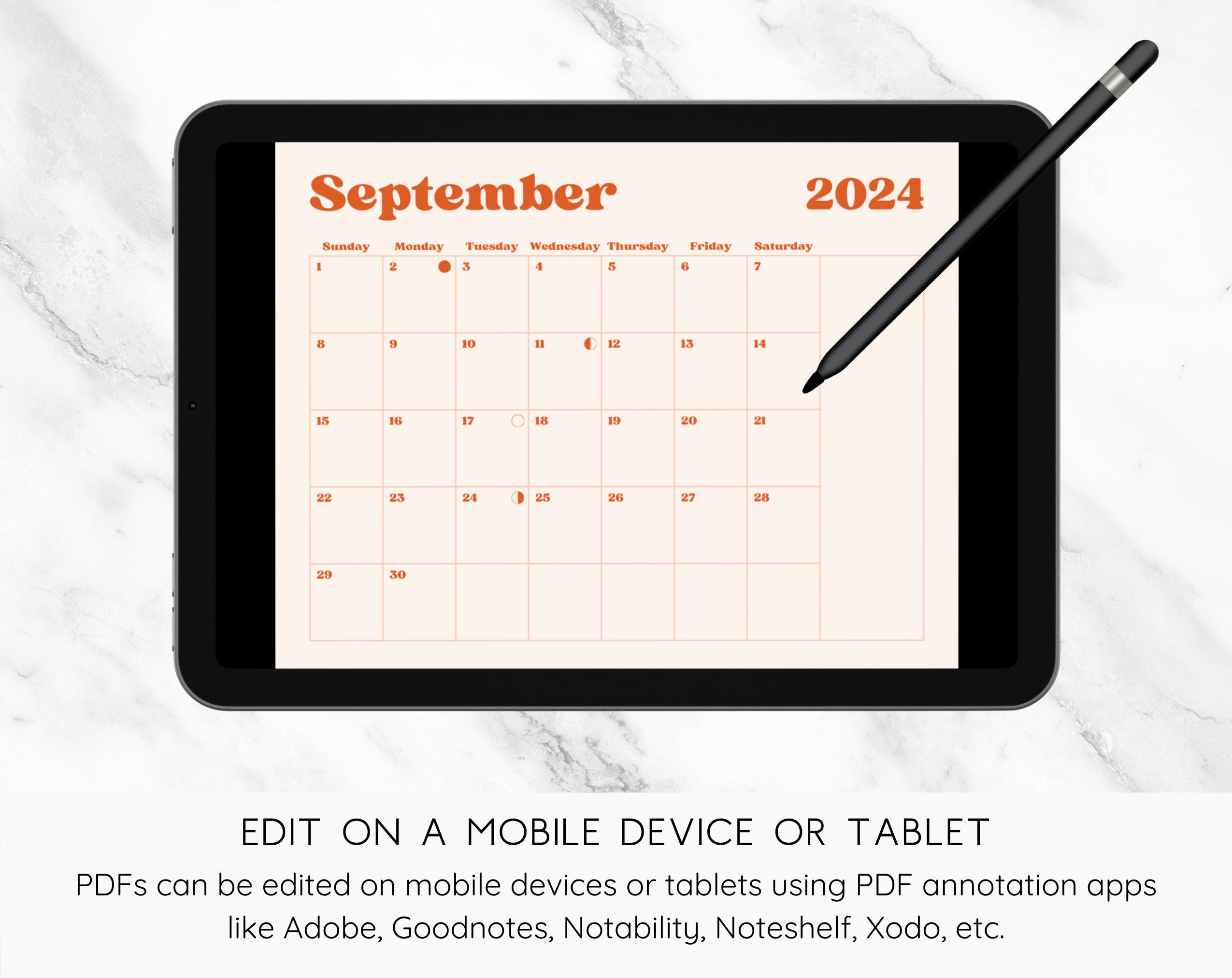 Editable September 2024 Calendar Printable With Moon Phases, Letter, A4 ...