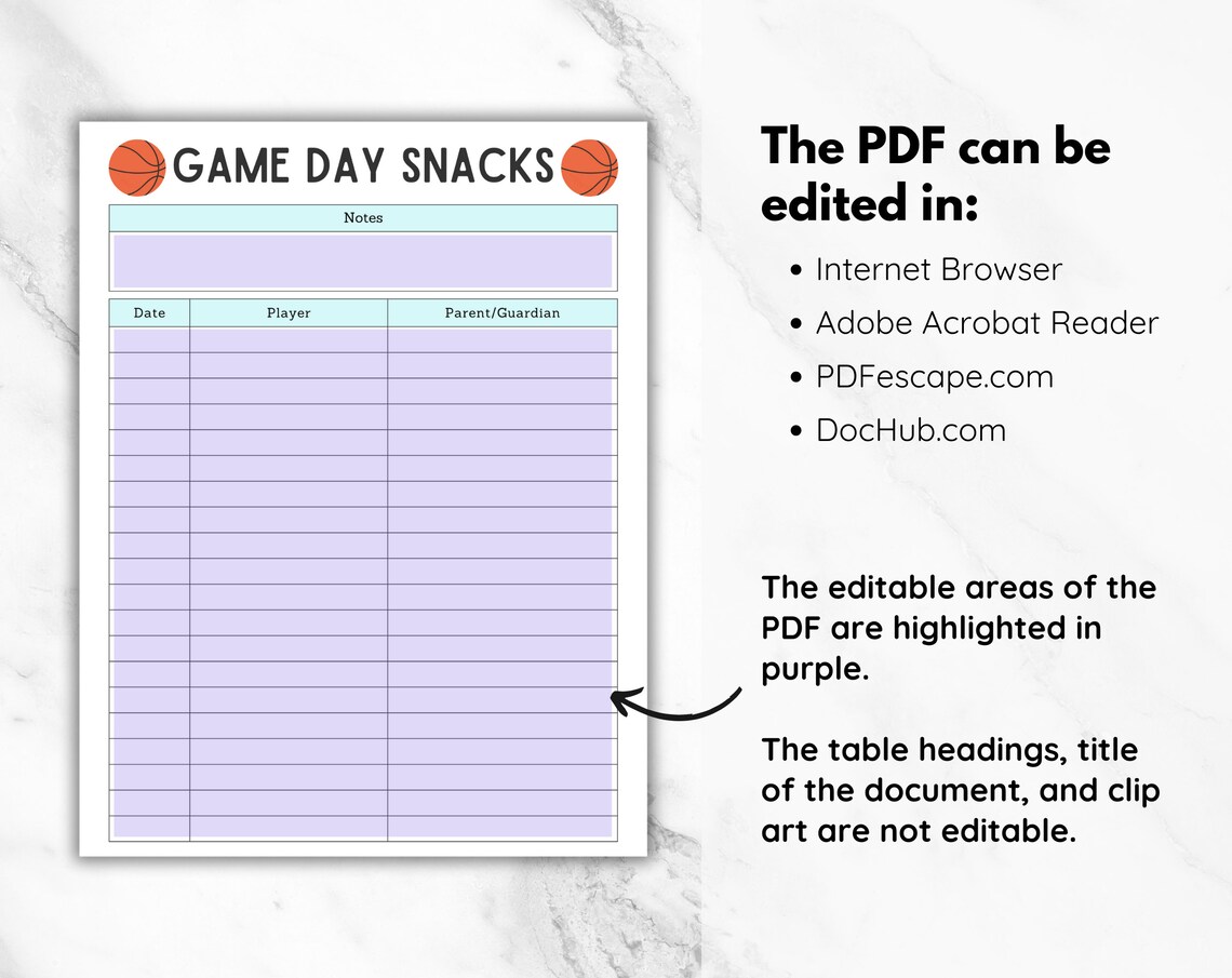 Editable Basketball Snack Sign up Sheet, Game Day Snack Sign up Sheet ...