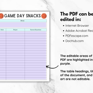 Editable Basketball Snack Sign up Sheet, Game Day Snack Sign up Sheet ...