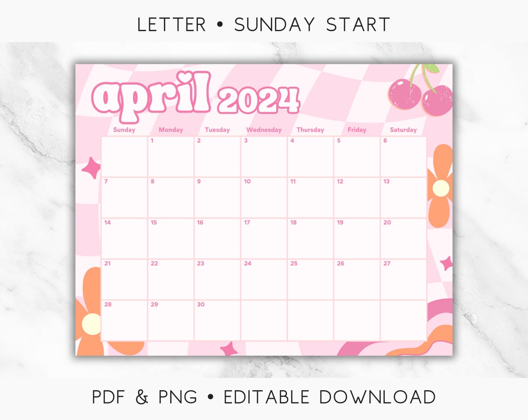 Editable April 2024 Calendar Printable, Retro April 2024 Printable ...