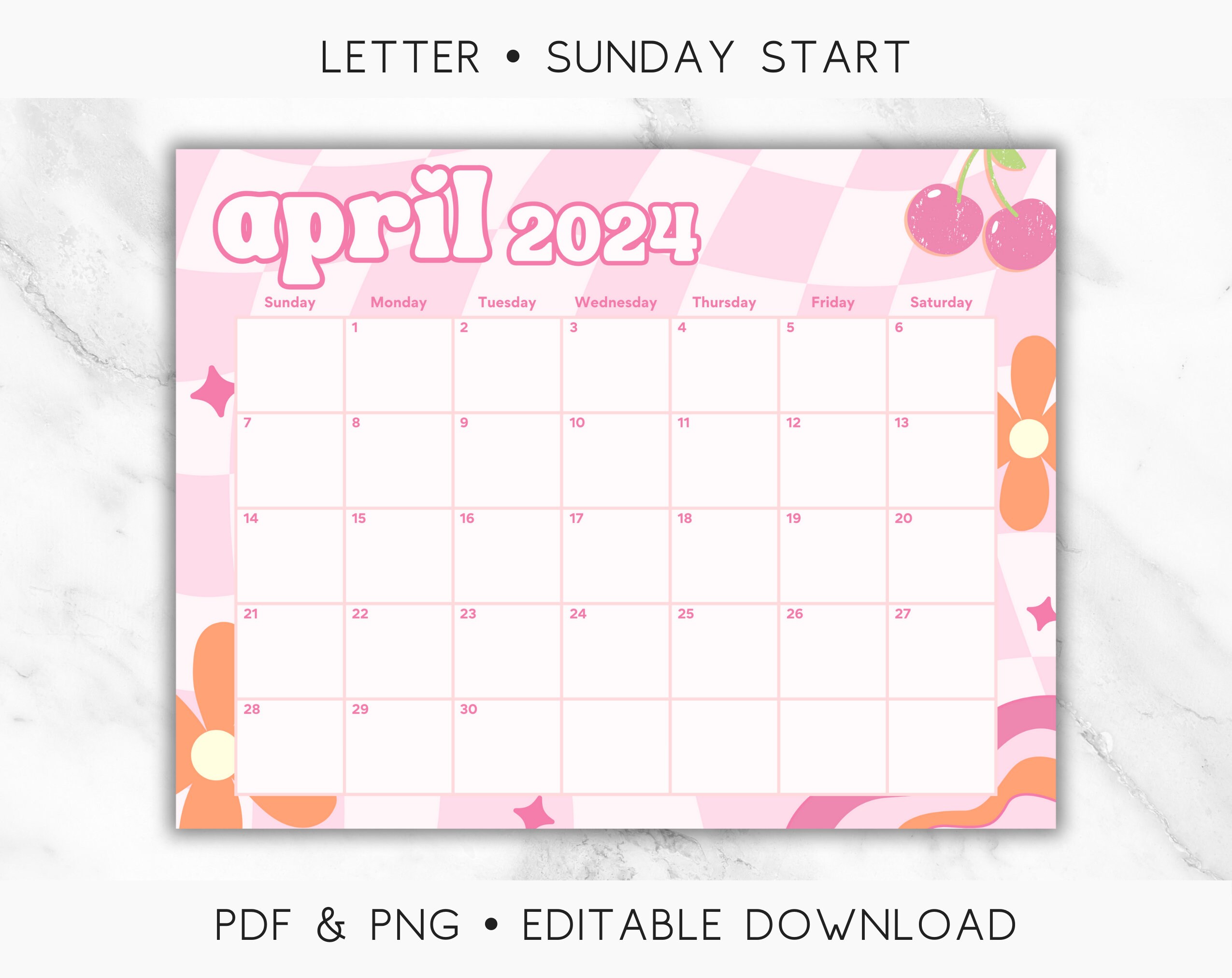 Editable April 2024 Calendar Printable, Retro April 2024 Printable ...