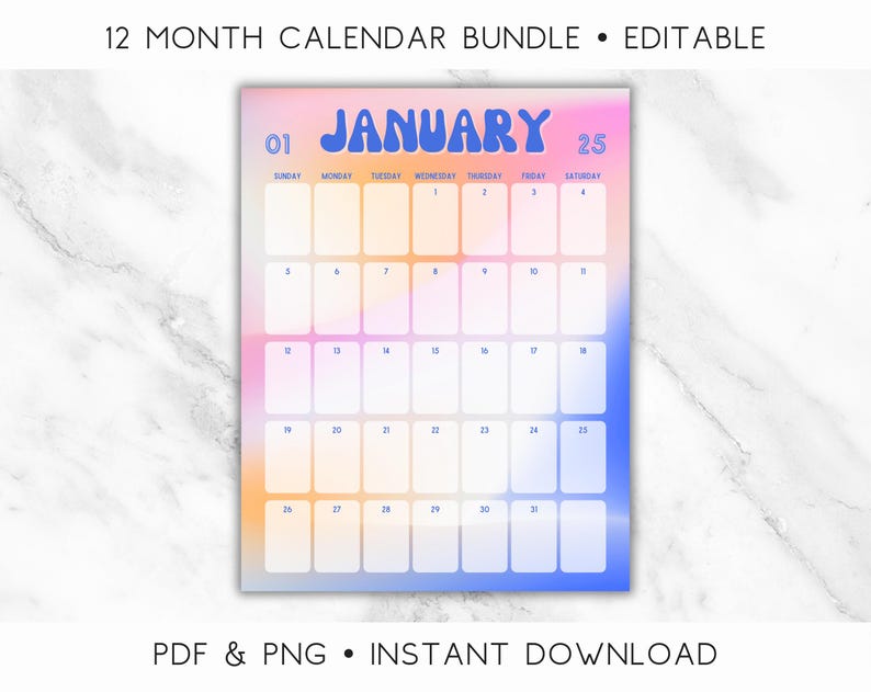 2025 Editable Calendar Printable, Letter, A4, Retro Calendar, Portrait ...