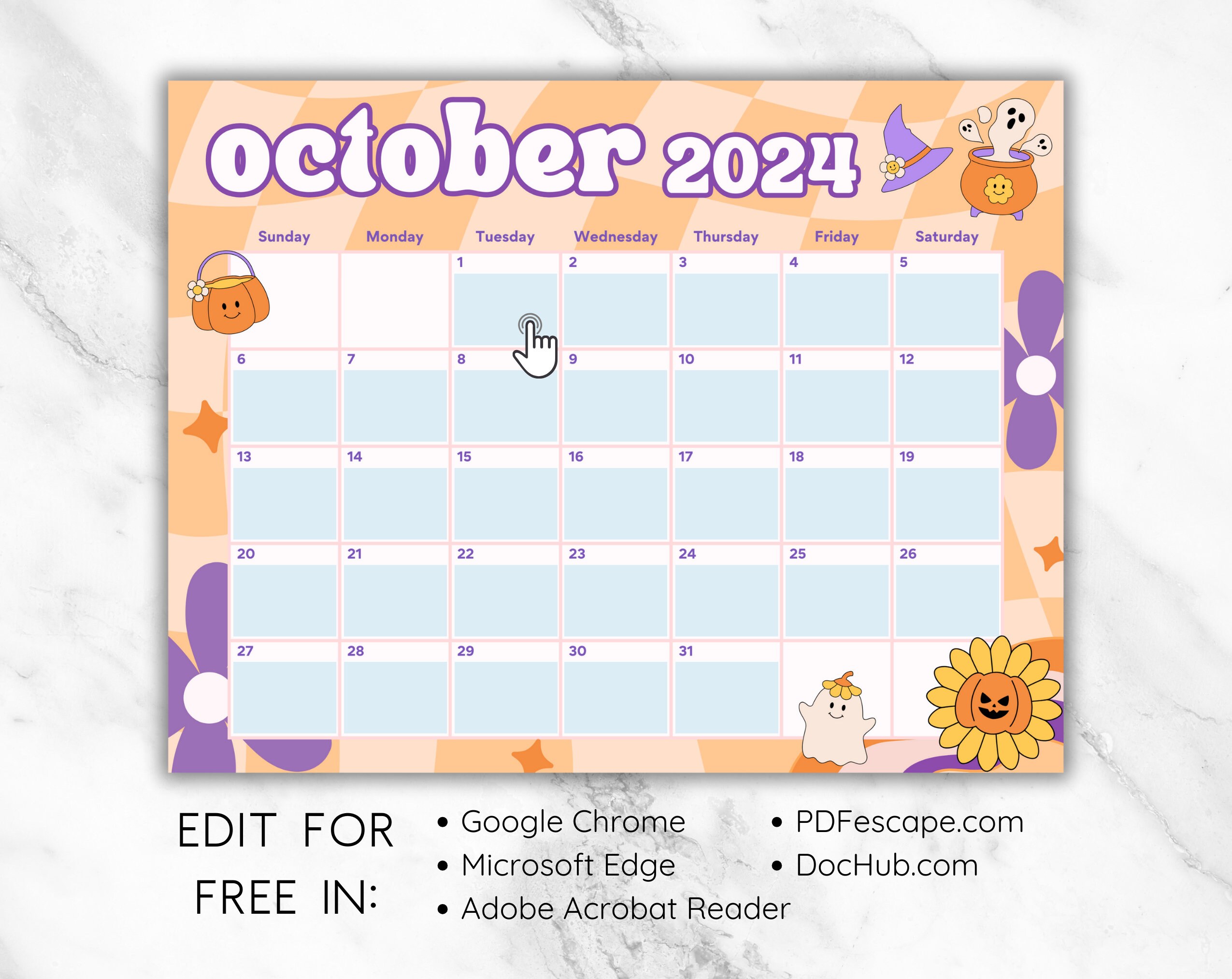 Editable October 2024 Calendar Printable, Retro October 2024 Printable ...