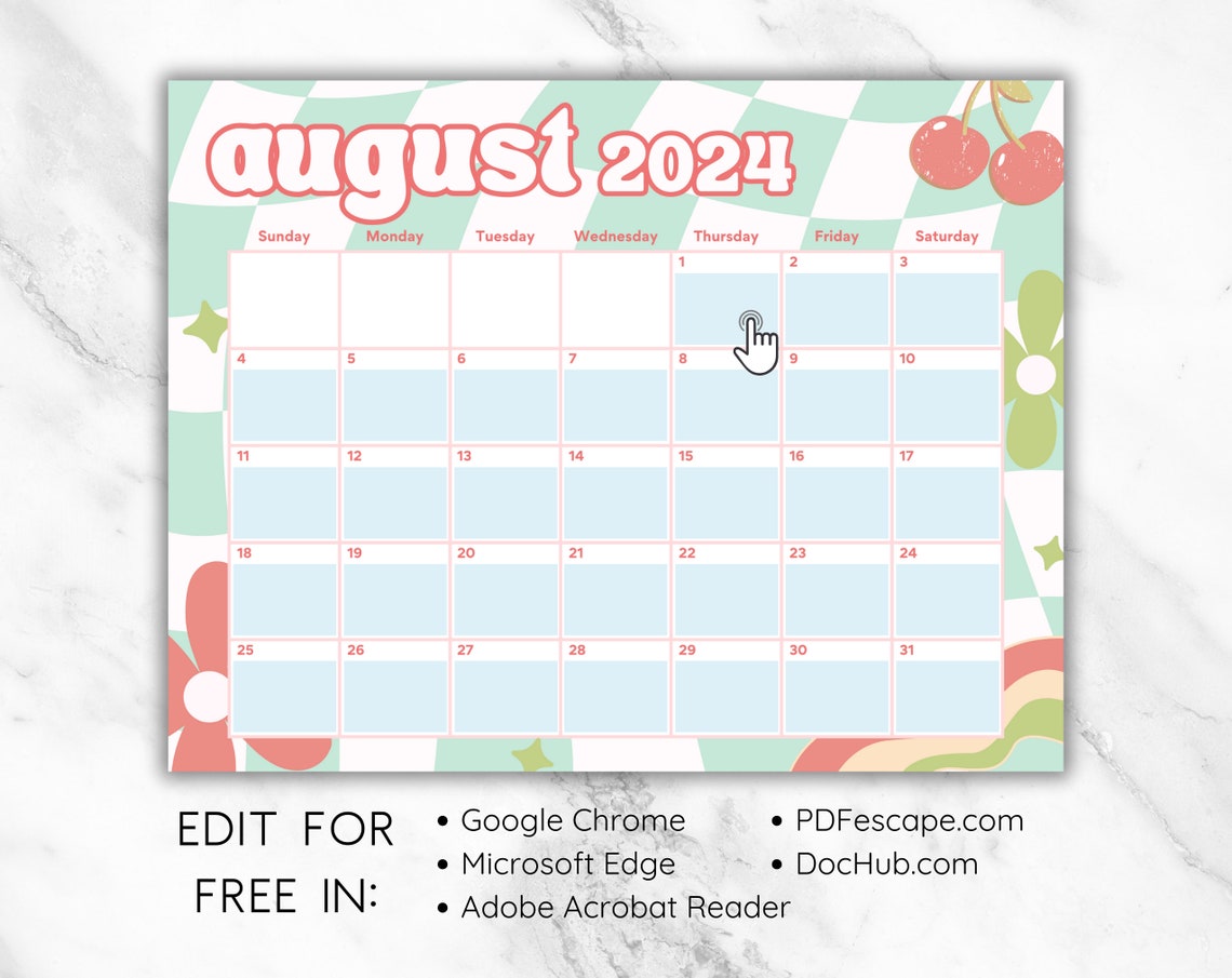 Editable August 2024 Calendar Printable, Retro August 2024 Printable ...
