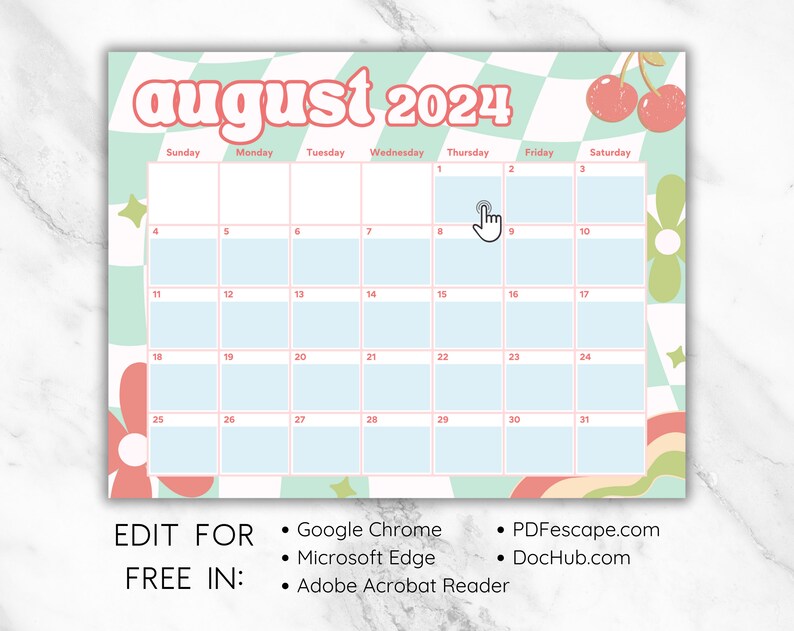 Editable August 2024 Calendar Printable, Retro August 2024 Printable ...