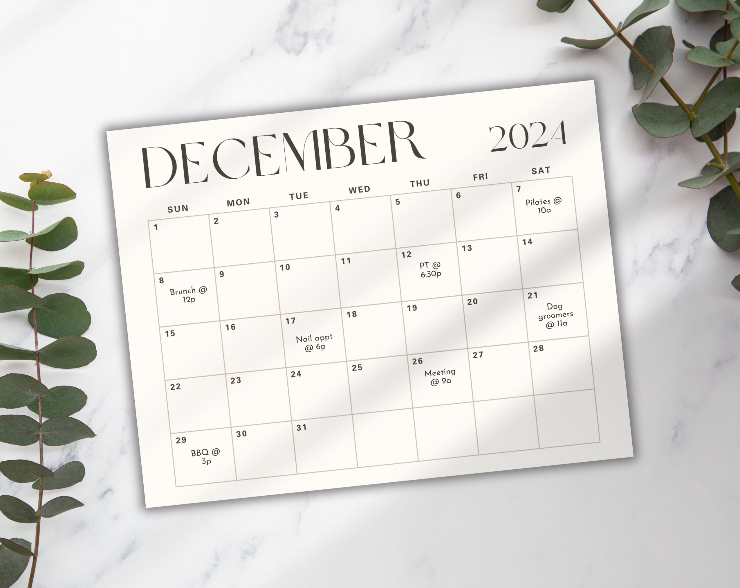 Editable December 2024 Calendar Printable, Simple Modern December 2024 ...