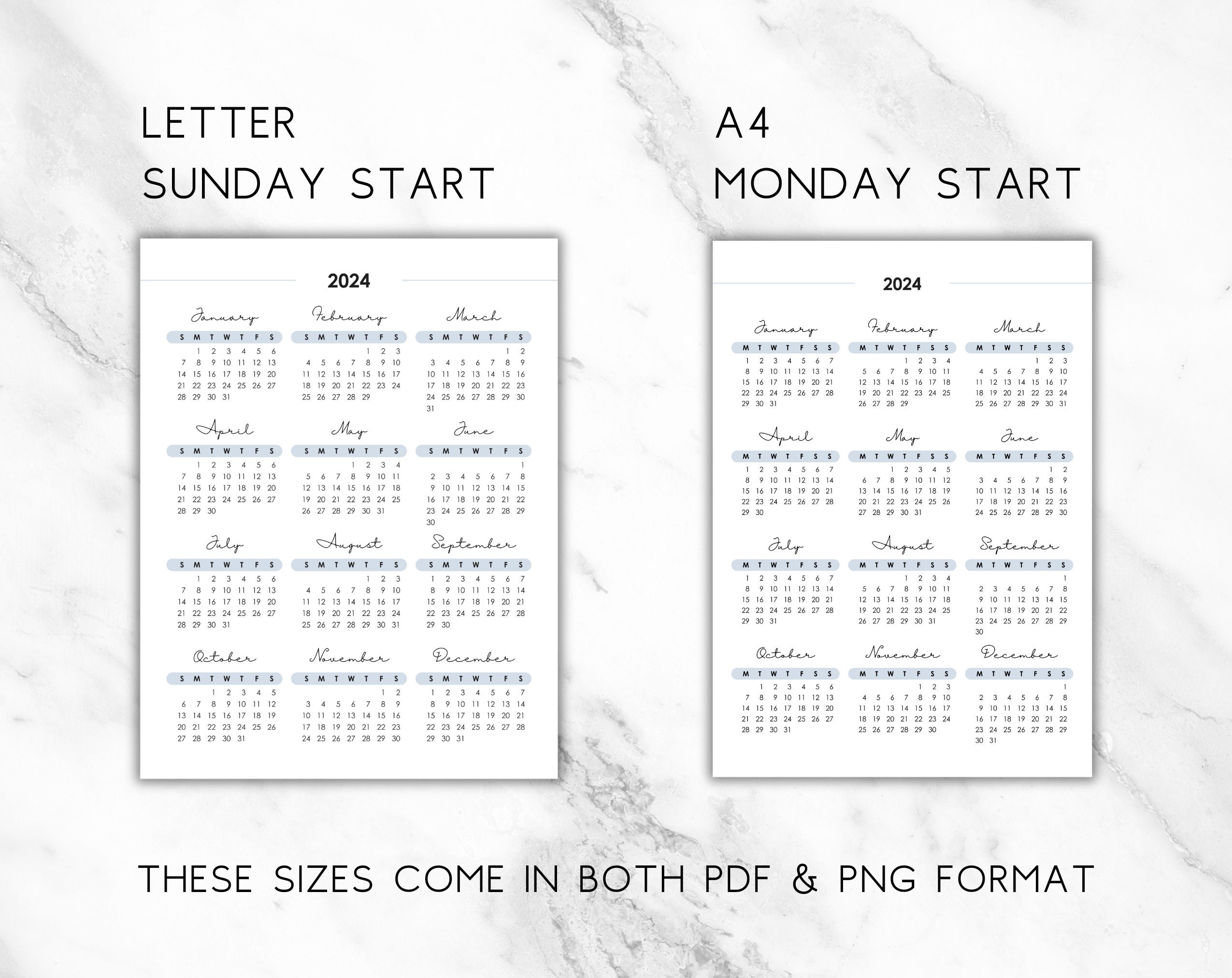 Printable One Page 2024 Year Calendar, Blue, Letter, A4, Sunday Start ...