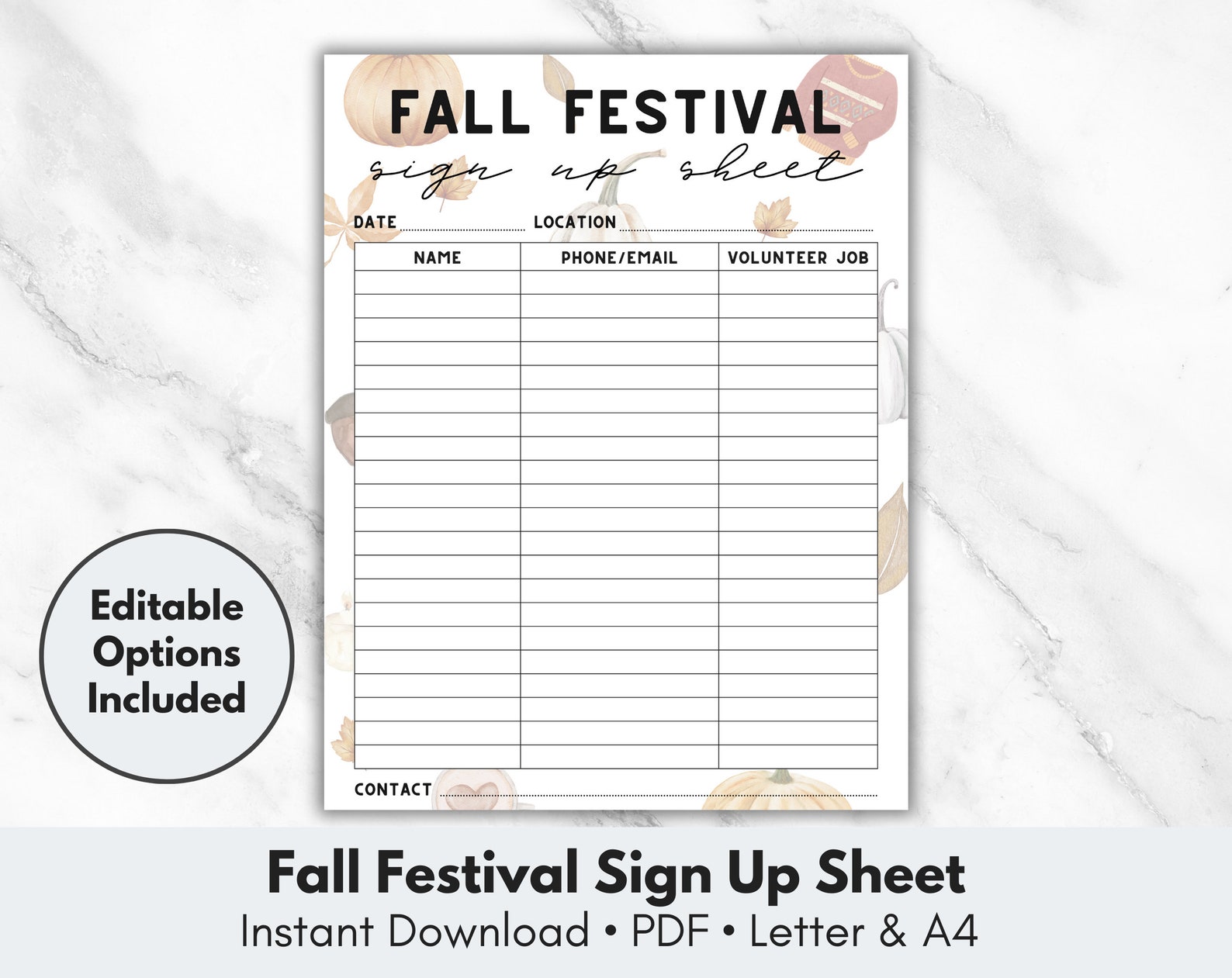 Editable Fall Festival Sign up Sheet, Printable Fall Festival Sign up ...