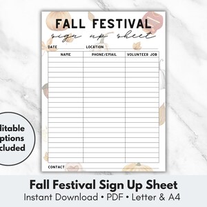 Editable Fall Festival Sign up Sheet, Printable Fall Festival Sign up ...