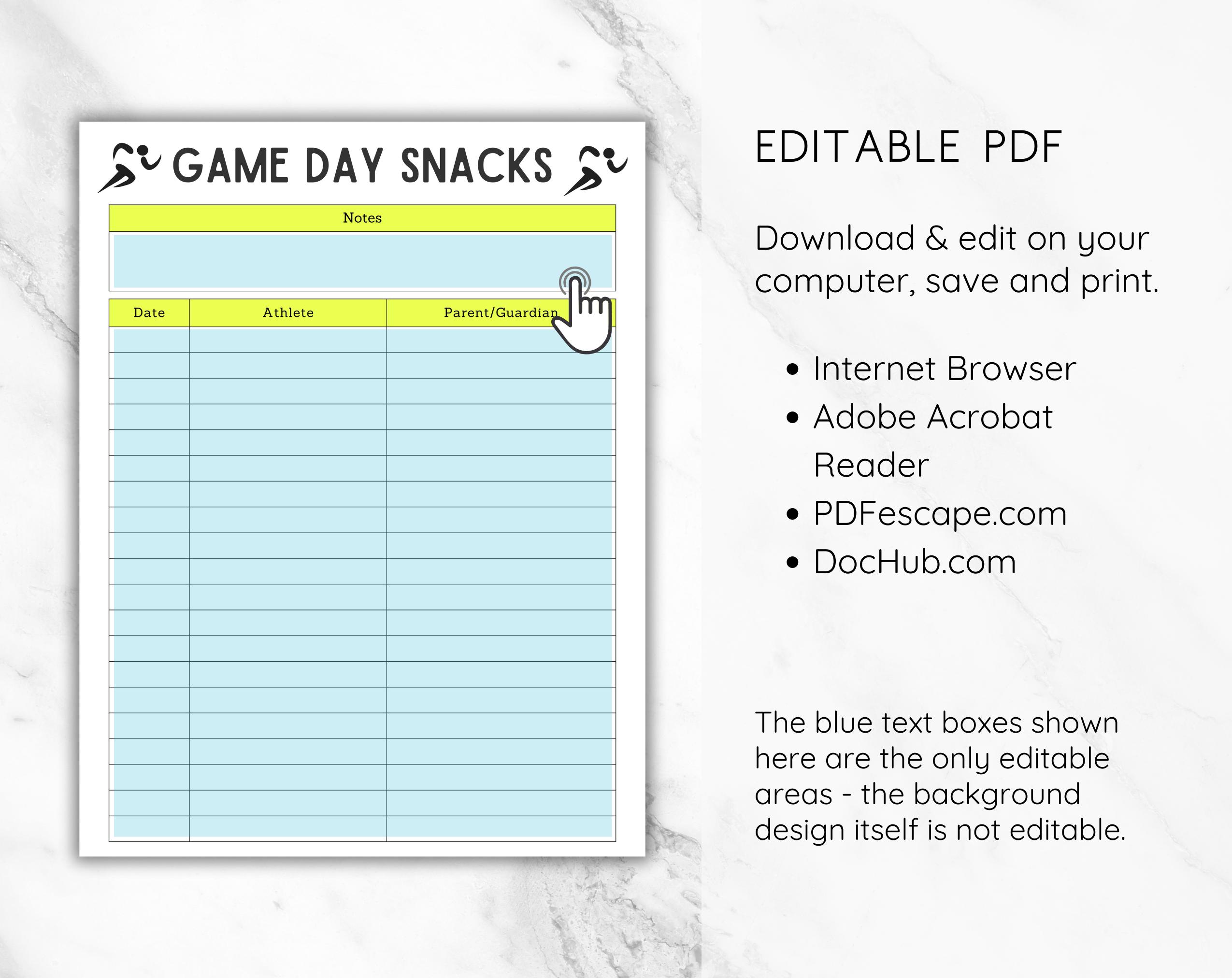 Editable Track/cc Snack Sign up Sheet, Editable PDF & Google Doc, Game ...