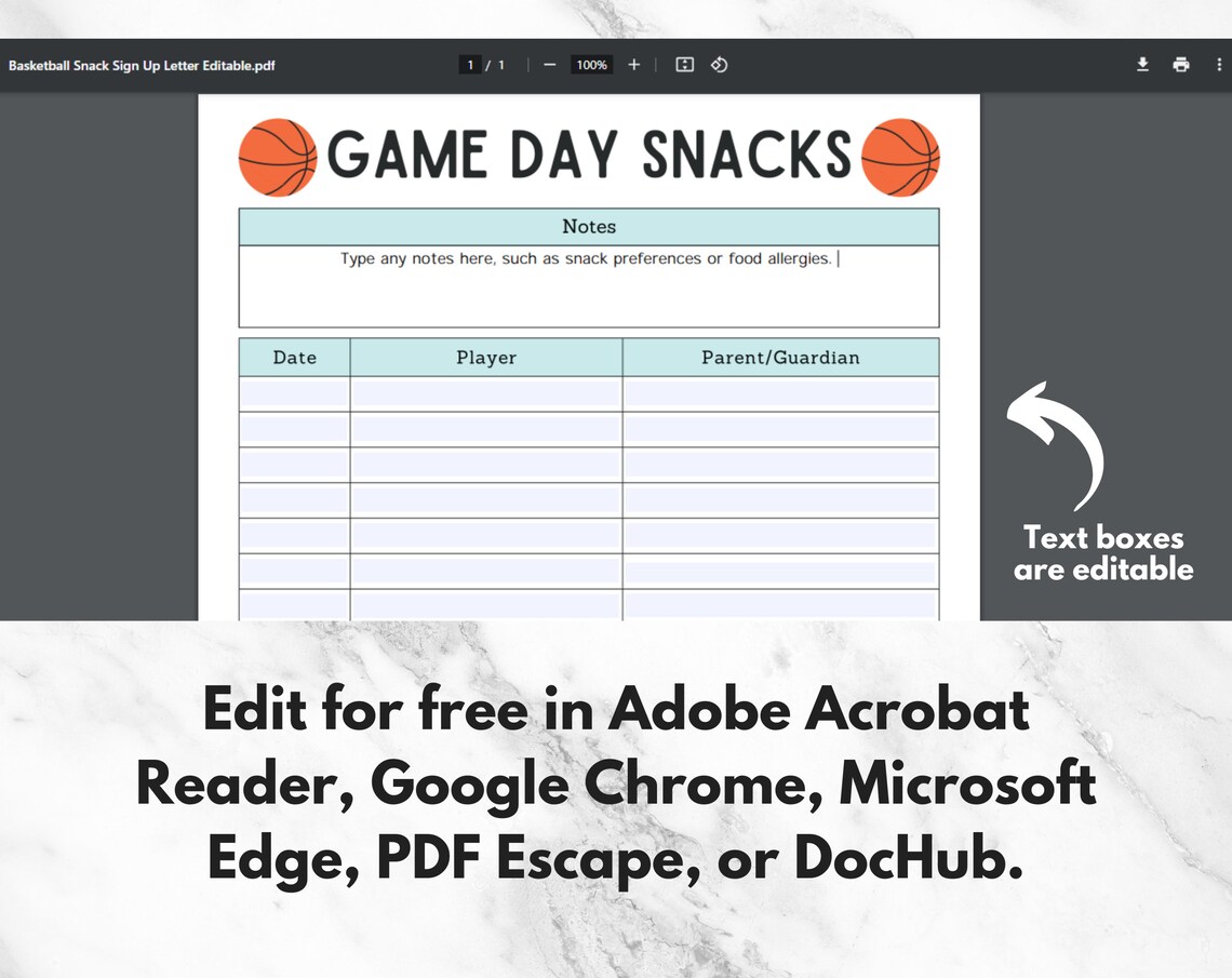 Editable Basketball Snack Sign up Sheet, Game Day Snack Sign up Sheet ...