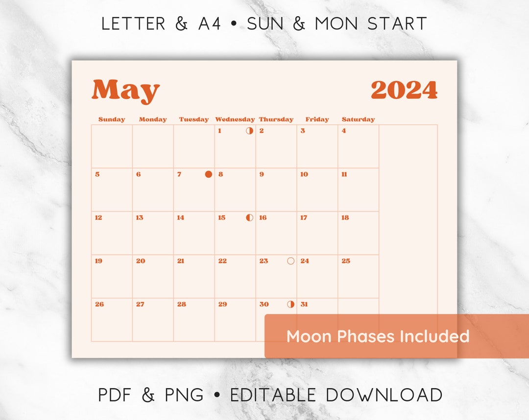 Editable May 2024 Calendar Printable With Moon Phases, Letter, A4 ...