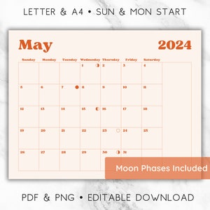 Editable May 2024 Calendar Printable With Moon Phases, Letter, A4 ...