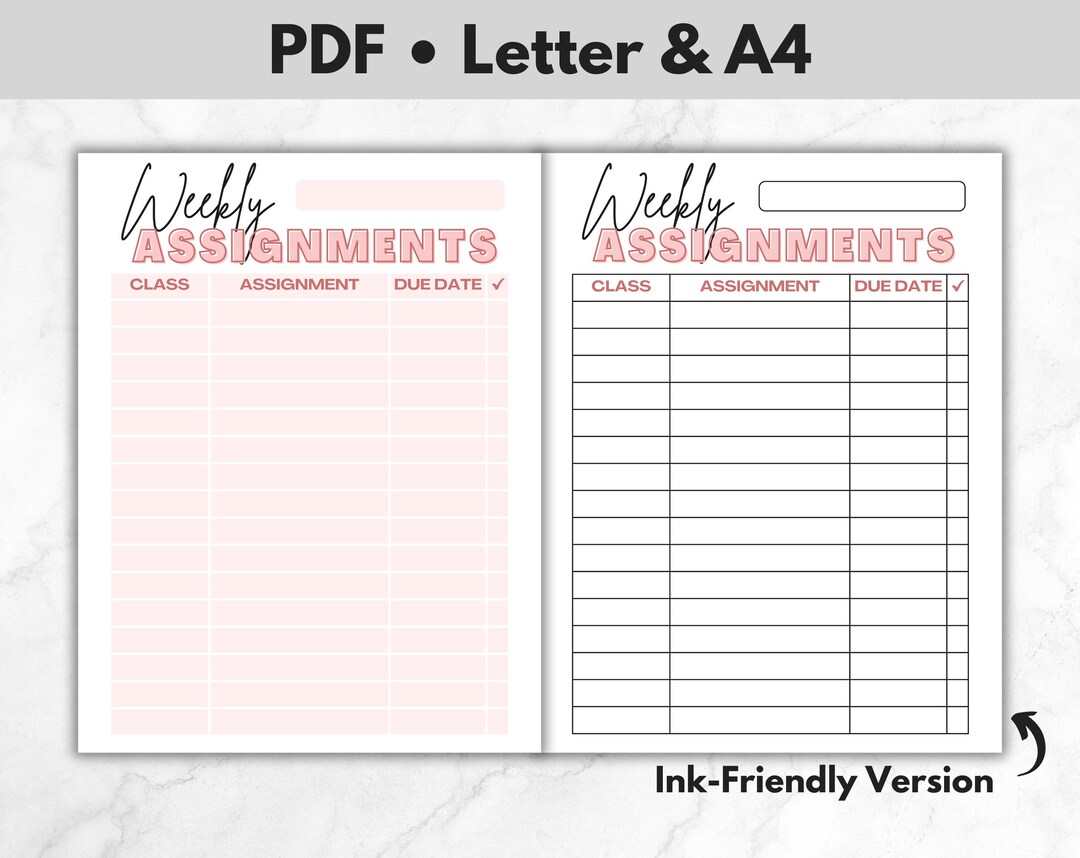 Printable Weekly Assignment Tracker, Letter, A4, Weekly Assignment ...