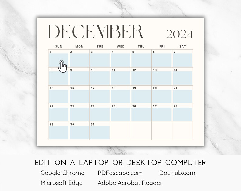 Editable December 2024 Calendar Printable, Simple Modern December 2024 ...