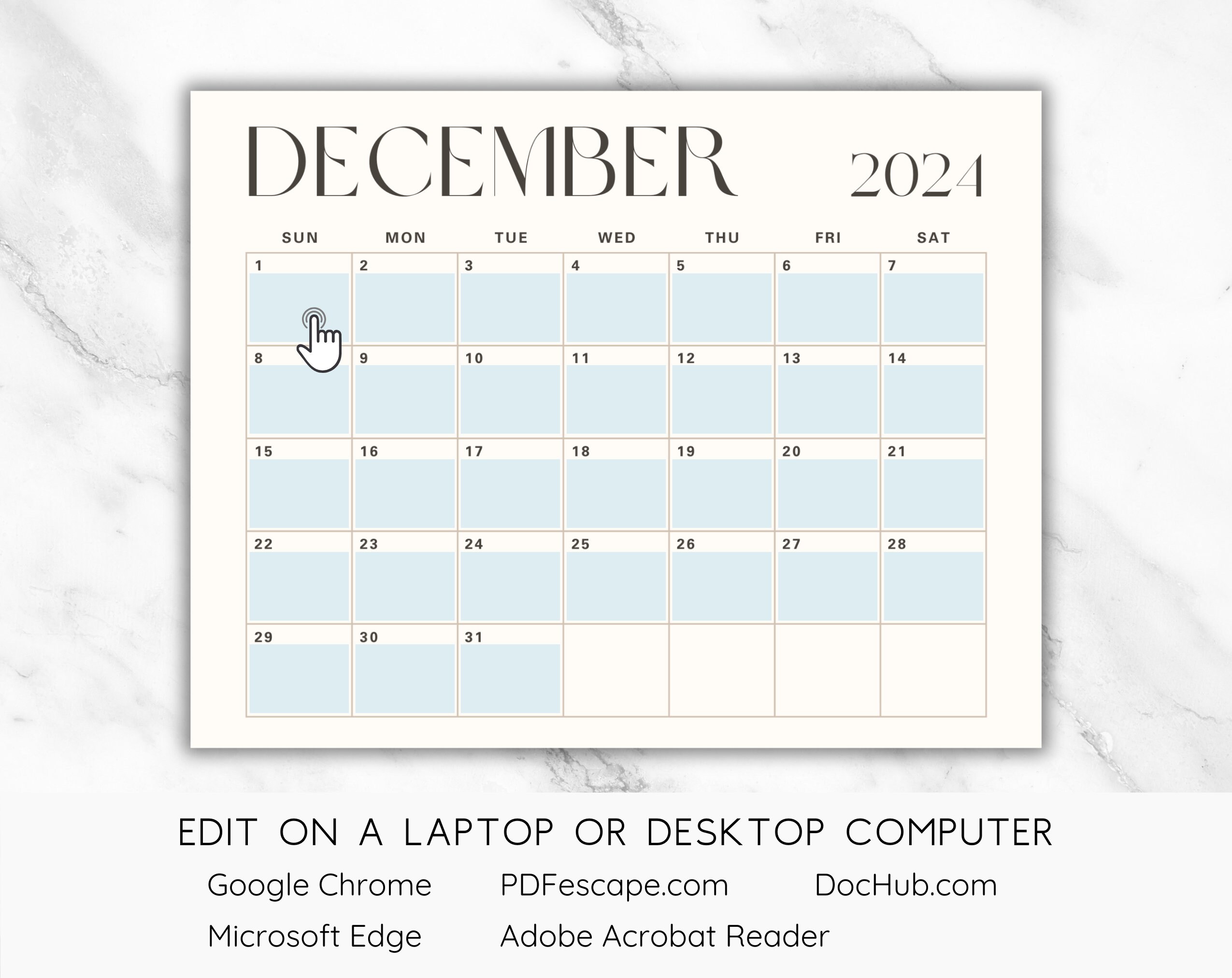 Editable December 2024 Calendar Printable, Simple Modern December 2024 ...