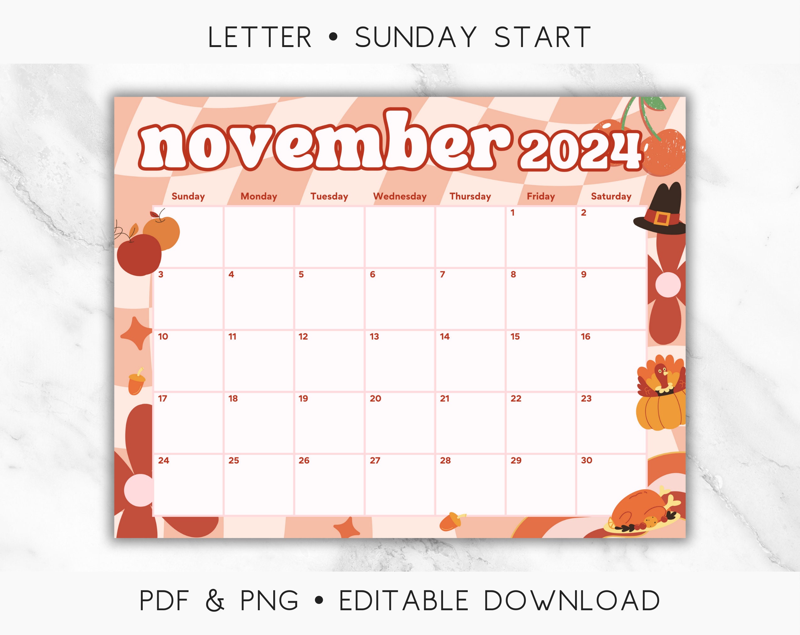 Editable November 2024 Calendar Printable, Retro November 2024 ...