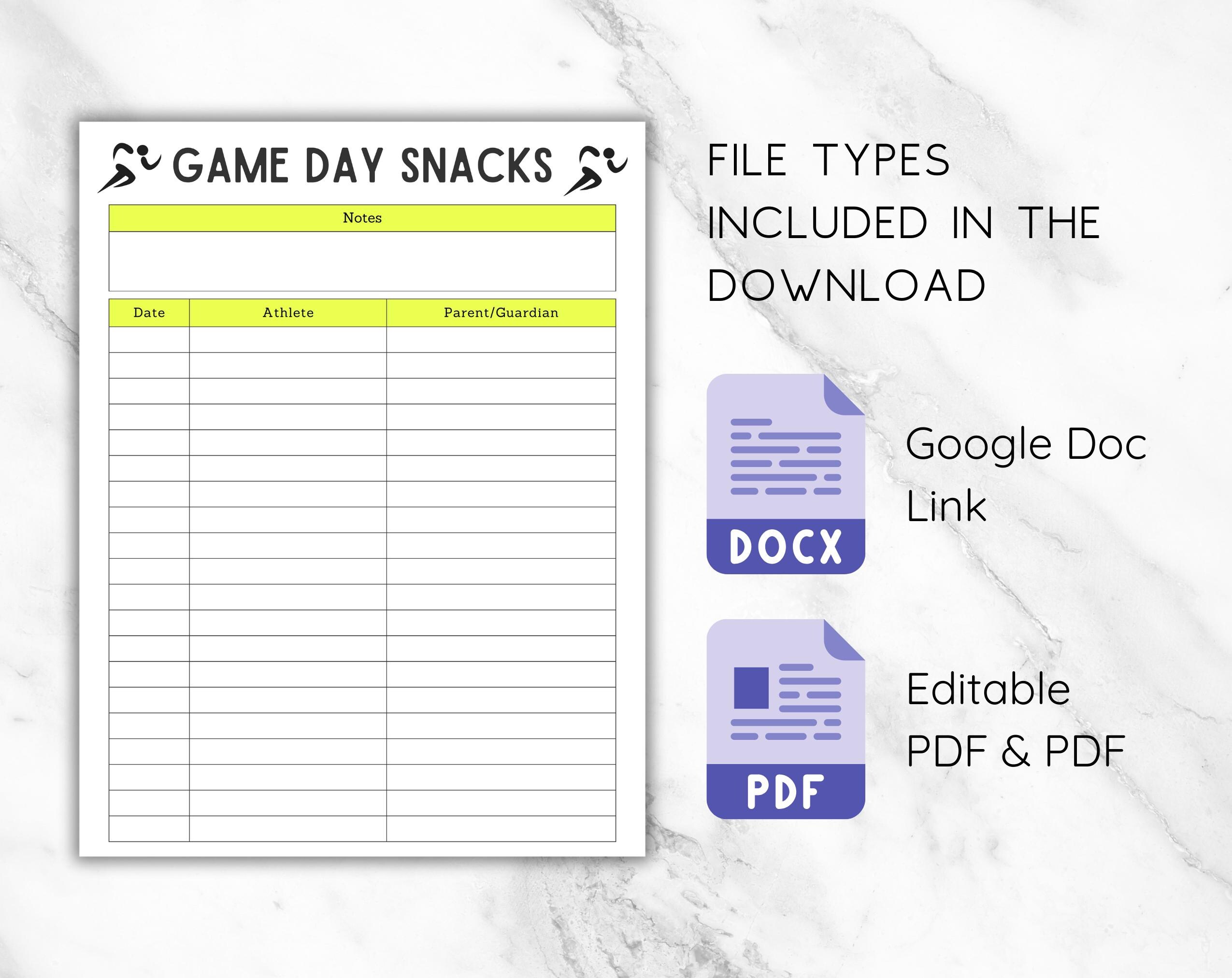 Editable Track/cc Snack Sign up Sheet, Editable PDF & Google Doc, Game ...
