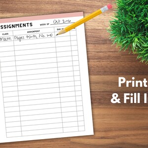 Printable Weekly Assignment Tracker, Letter, A4, Homework Organizer ...