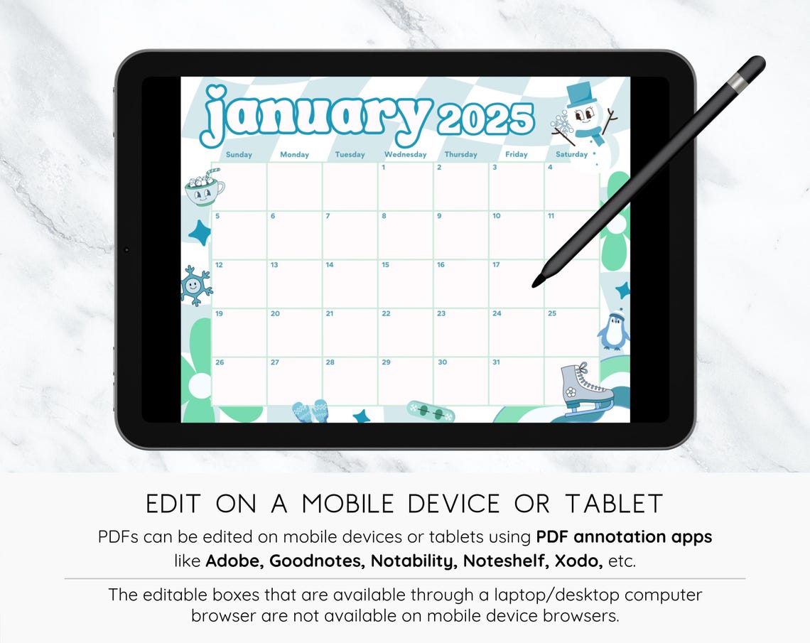 EDITABLE January 2025 Calendar Printable, Retro January 2025 Printable ...