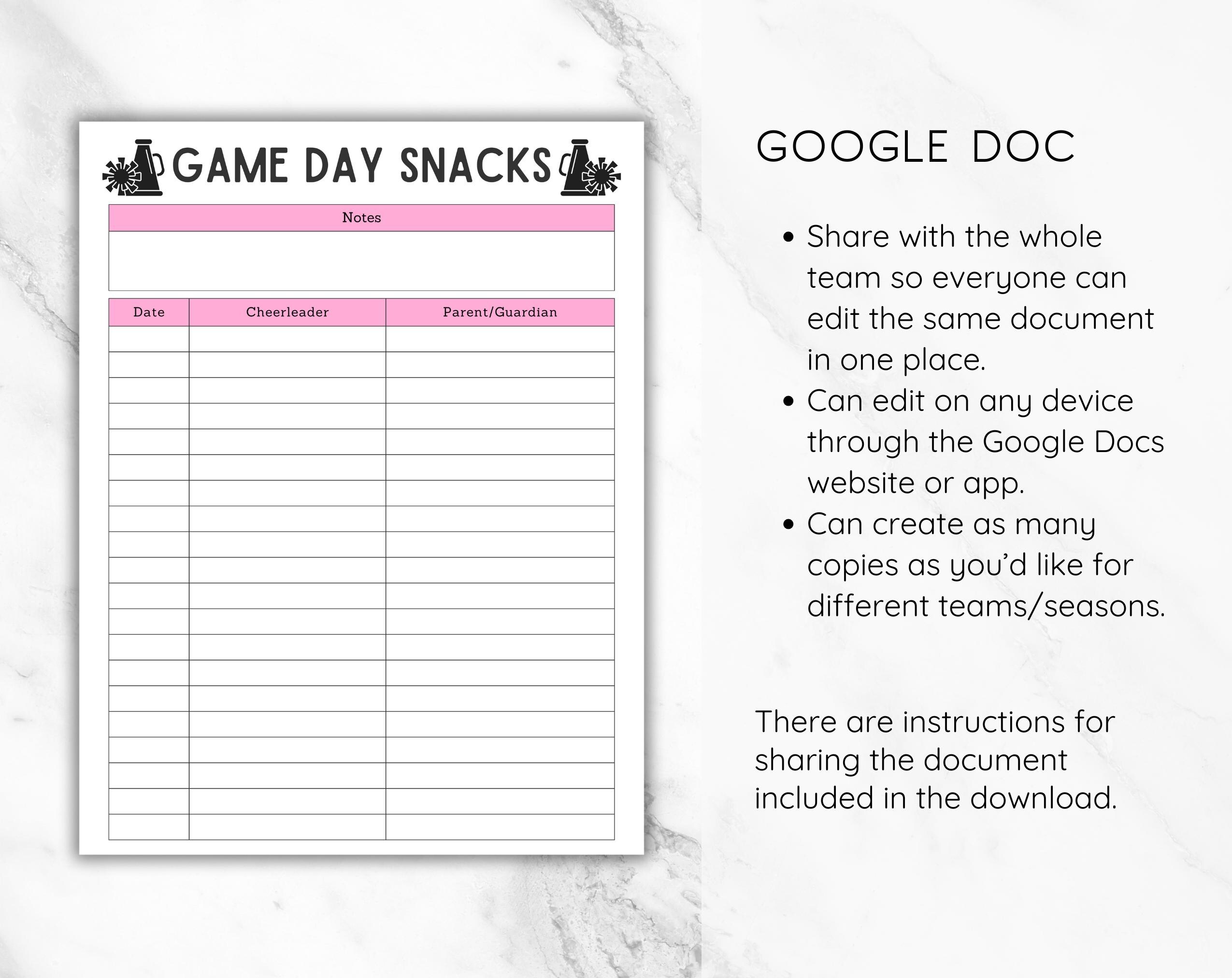Editable Cheer Snack Sign up Sheet, Editable PDF & Google Doc, Game Day ...
