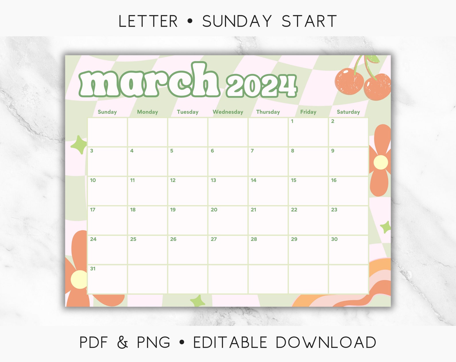 Editable March 2024 Calendar Printable, Retro March 2024 Printable ...