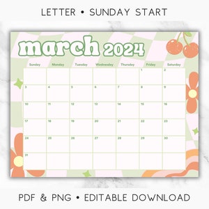 Editable March 2024 Calendar Printable, Retro March 2024 Printable ...