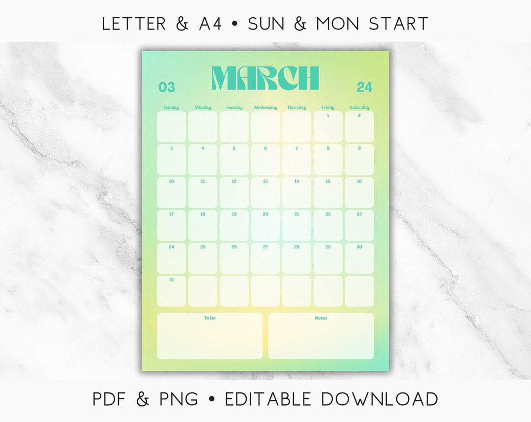 Editable March 2024 Calendar Printable, Printable Groovy March 2024 ...