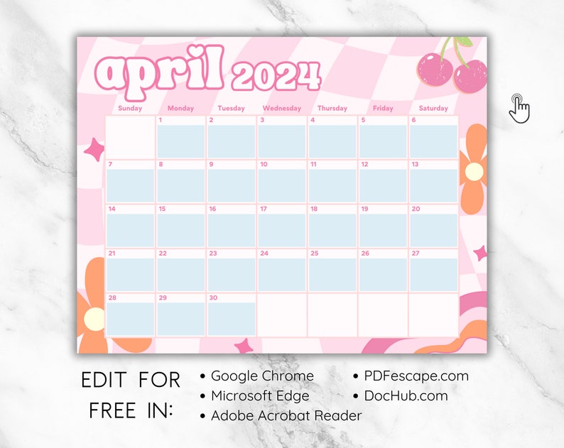 Editable April 2024 Calendar Printable, Retro April 2024 Printable ...