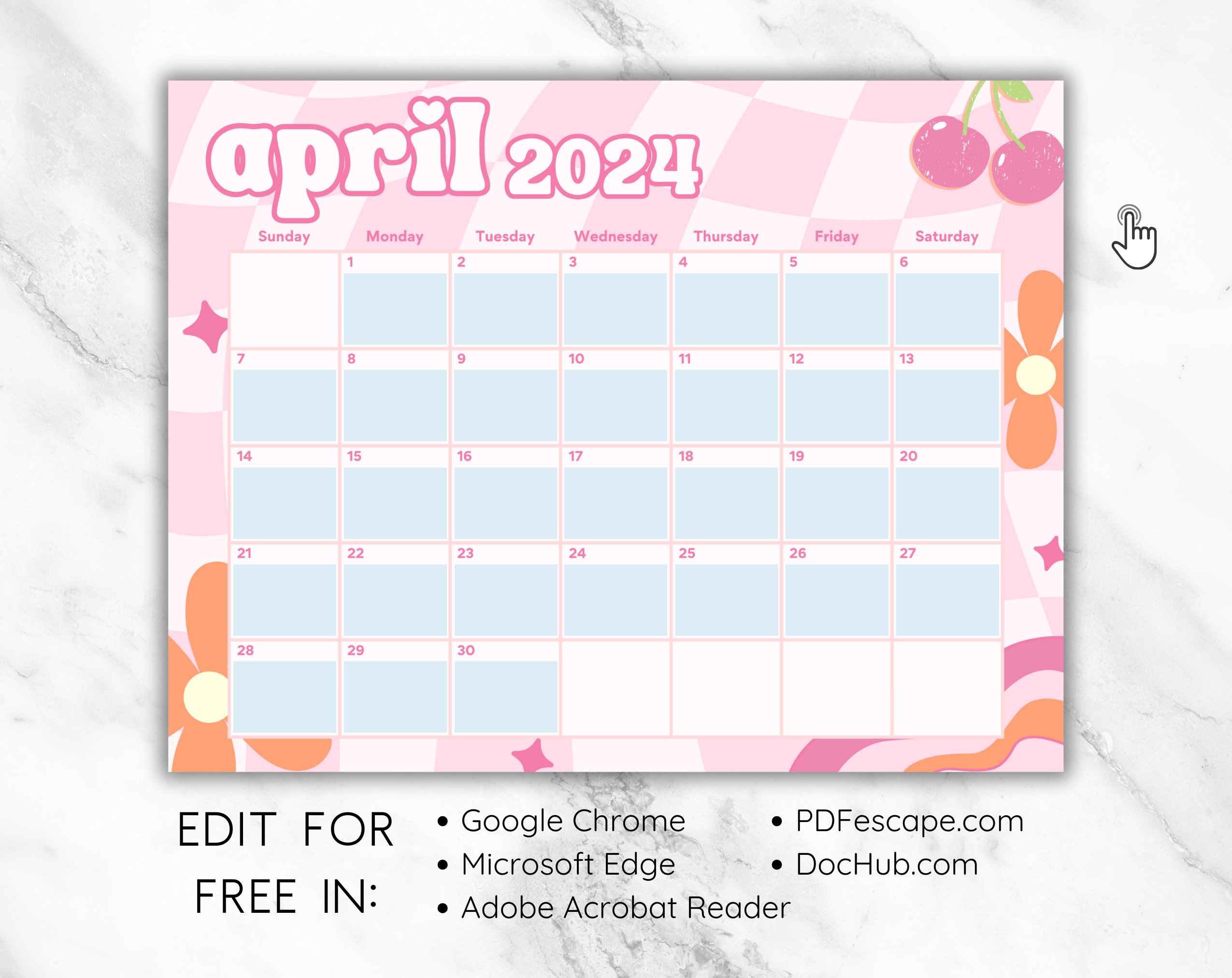 Editable April 2024 Calendar Printable, Retro April 2024 Printable ...