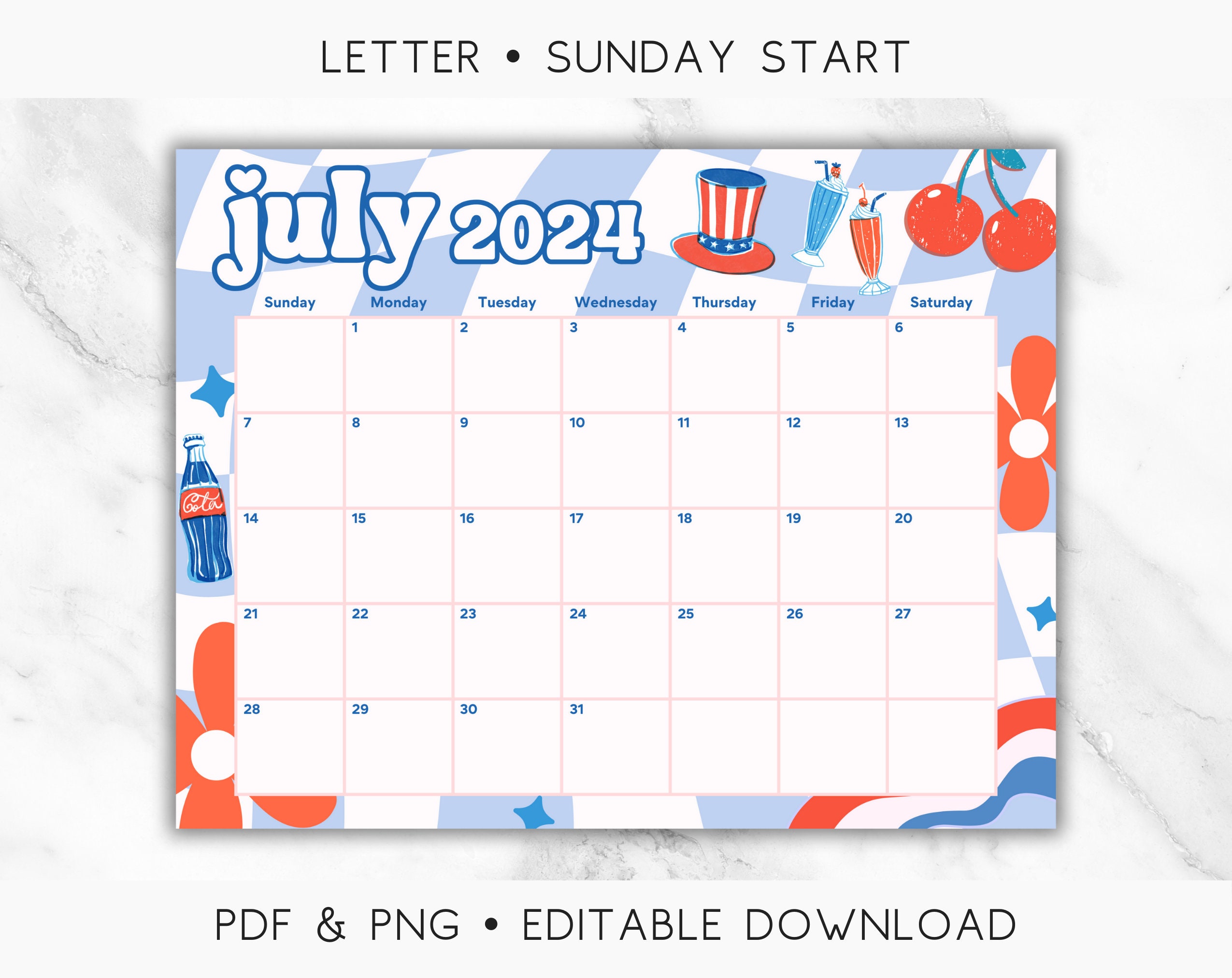 Editable July 2024 Calendar Printable, Retro July 2024 Printable ...