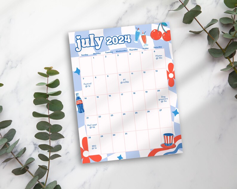 Editable July 2024 Calendar Printable, Retro July 2024 Printable ...