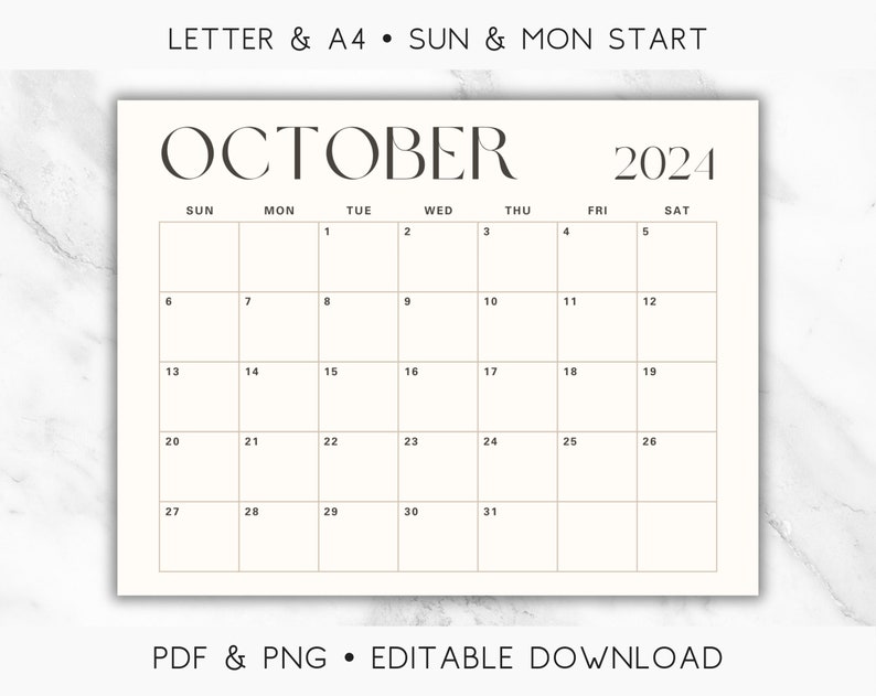 Editable October 2024 Calendar Printable, Simple Modern October 2024 ...