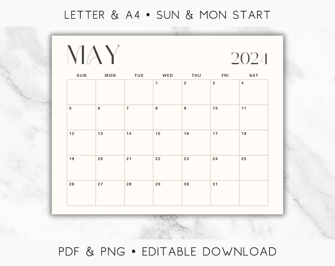 Editable May 2024 Calendar Printable, Simple Modern May 2024 Printable ...